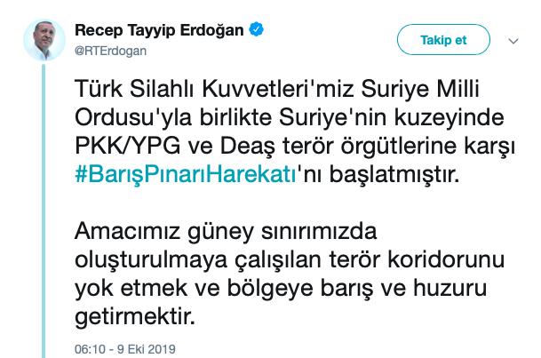 Erdoğan duyurdu: Barış Pınarı Harekatı başladı Erdoğan duyurdu: Barış Pınarı Harekatı başladı